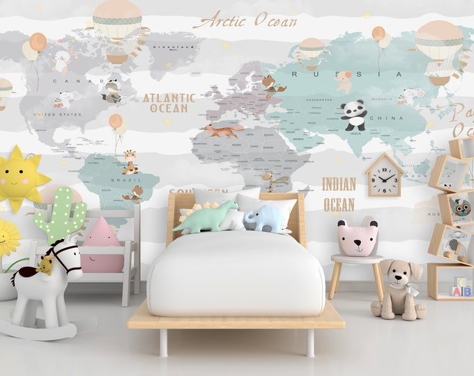 Buy Kids Map Wallpaper Cute World Map With Country Flags Wall Mural ...