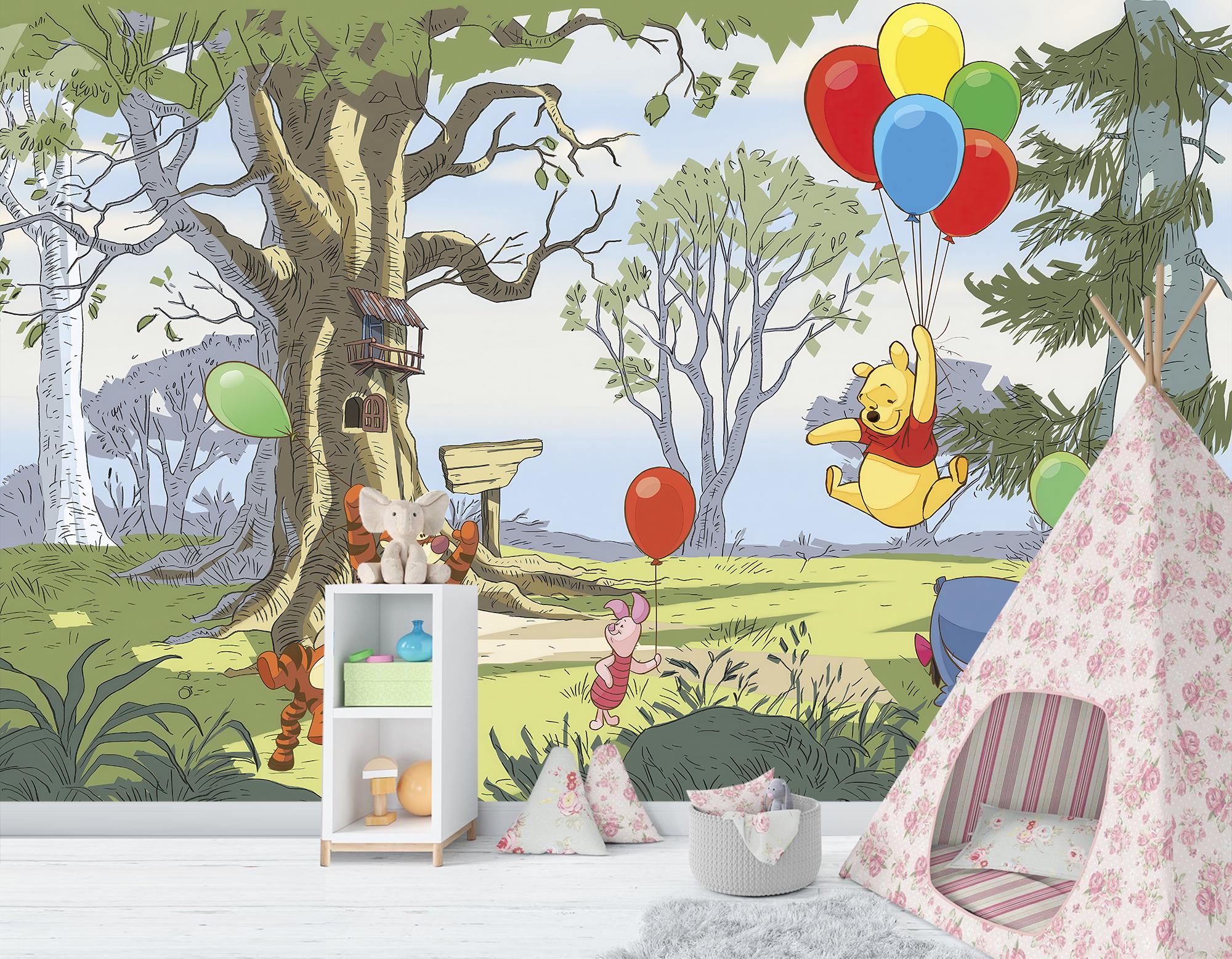 Winnie the Pooh Wallpaper: Flying With Balloons, Peel and Stick - Etsy