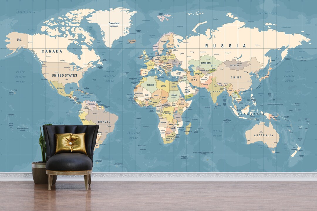 World Map Blue Wallpaper High Detailed Worldmap, Peel and Stick - Non ...