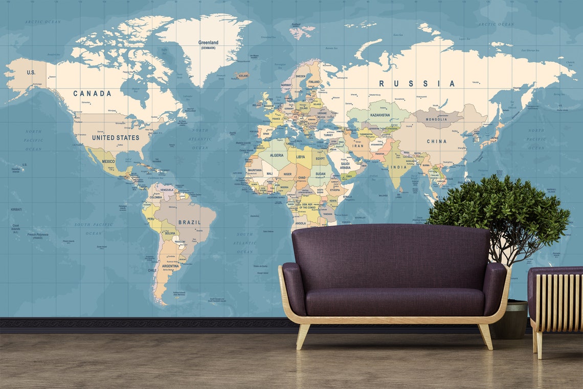 World Map Wallpaper High Detailed Worldmap, Peel and Stick - Non Woven ...