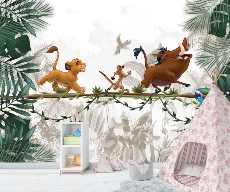 Lion King Nursery Wallpaper: Cartoon Animals, Peel and Stick Mural ...