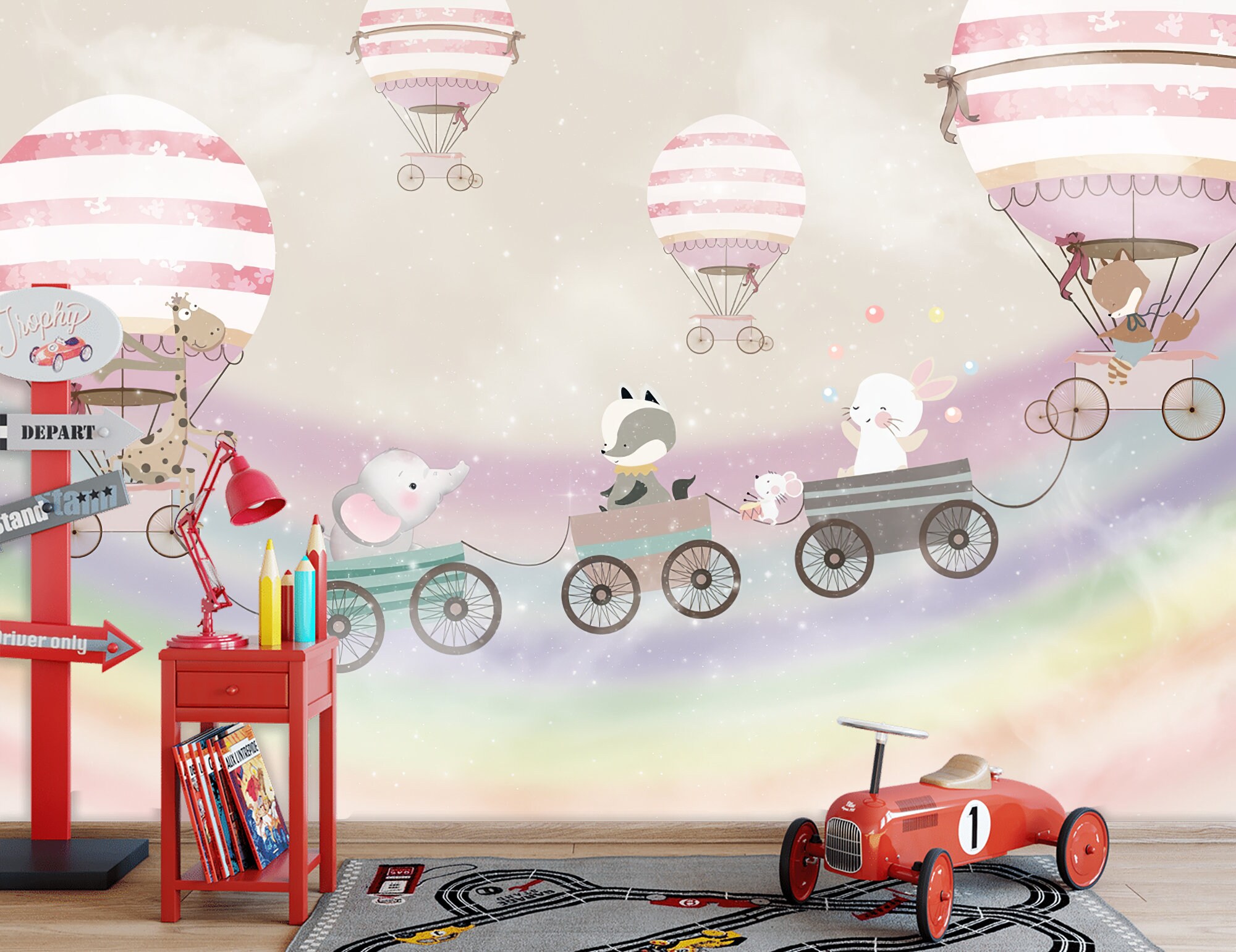 Kids Wallpaper - Flying Balloons Wallpaper - Girl's Room Cute Animals ...