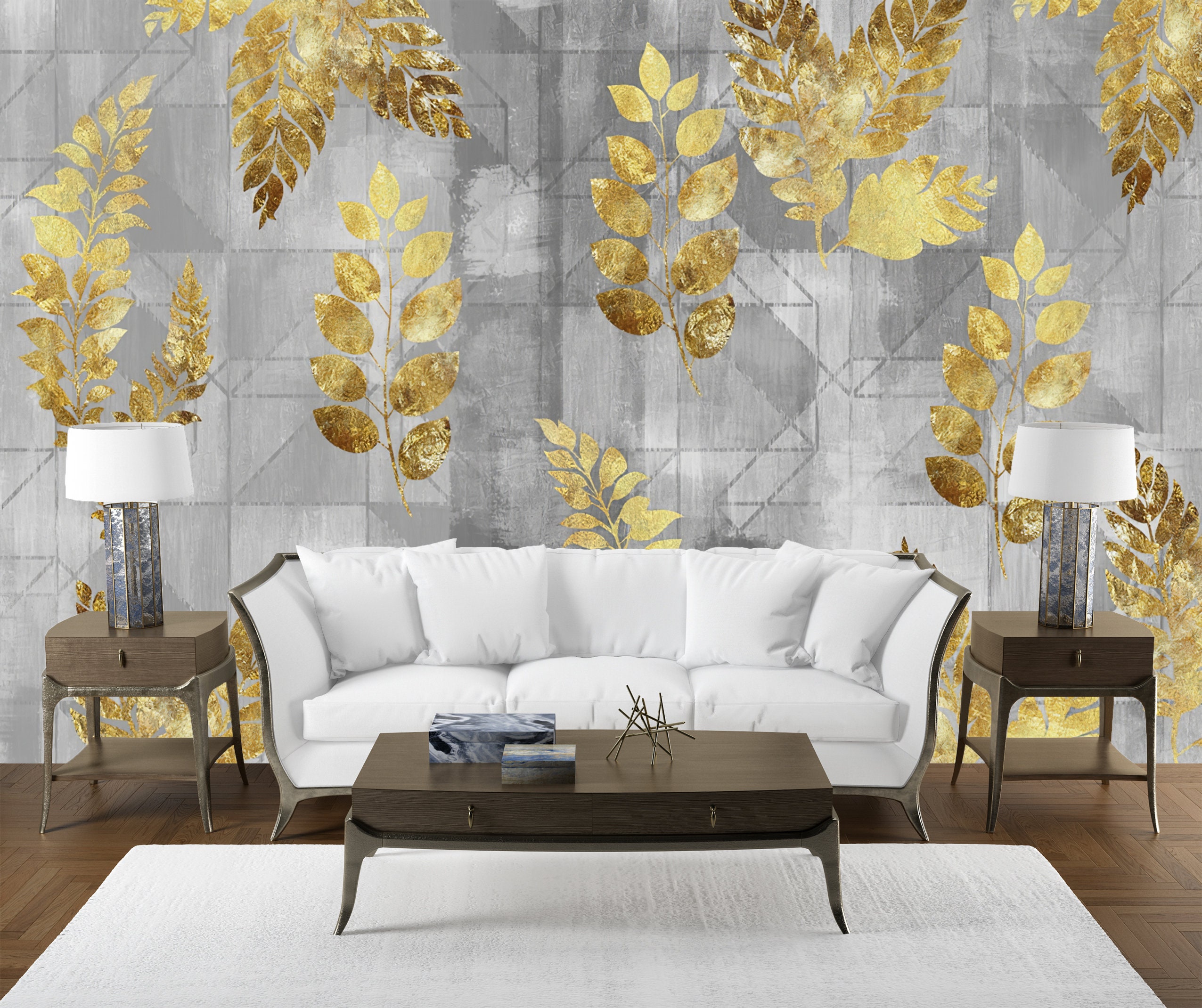 Buy Light Gray 3D Wallpaper With Golden Tree Leaves, Pattern Shapes ...