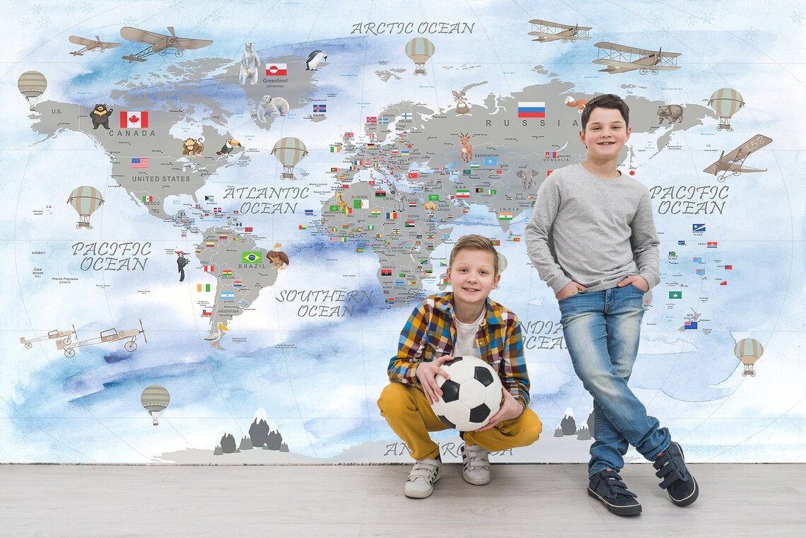 Kids Map Wallpaper Peel and Stick Kids World Map Wall Mural Educational ...