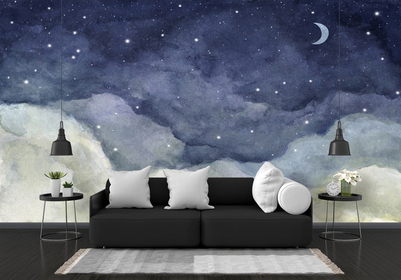 Cloudy Night Sky Wallpaper Peel Stick Moon Scape Wall Mural - Etsy