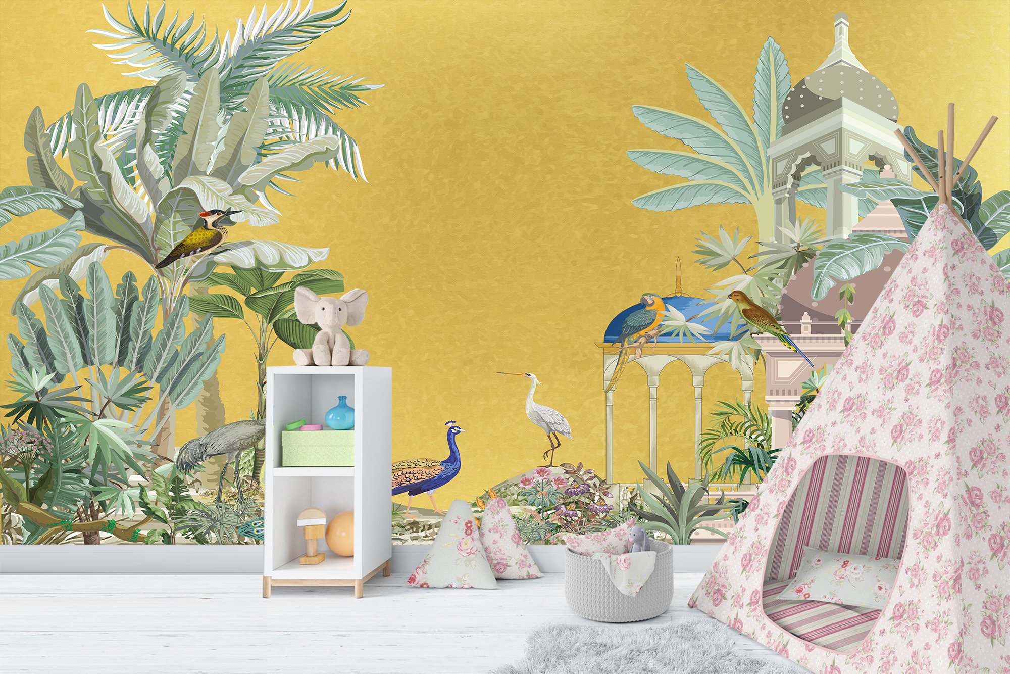 Chinoiserie Floral, Crane Birds, Peacock Wallmural / Peel and Stick ...