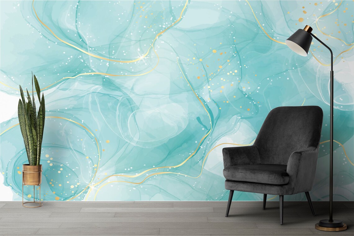 Pastel Cyan Mint Liquid Marble Watercolor 3D Wallpaper, Peel and Stick ...