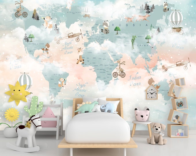 Buy Kids Map Wallpaper Cute World Map With Country Flags Wall Mural ...