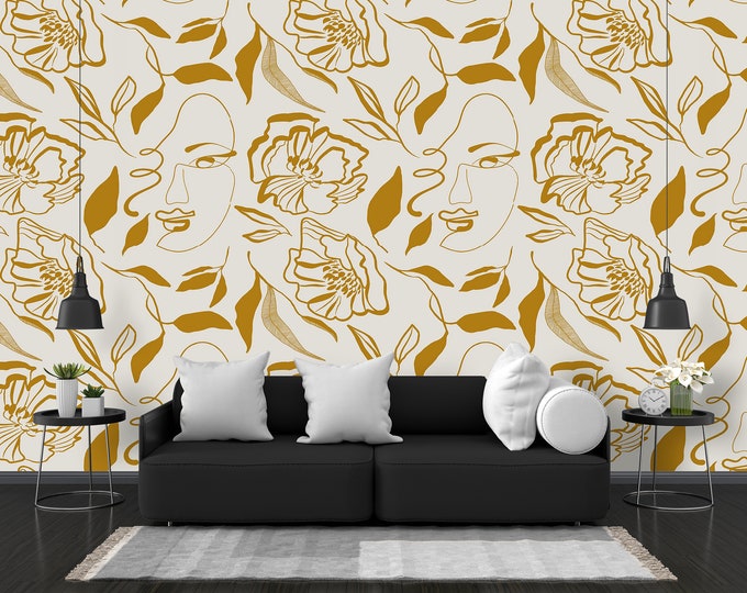 Feminine and Floral One Line Drawing Abstract Face Peel and Stick ...