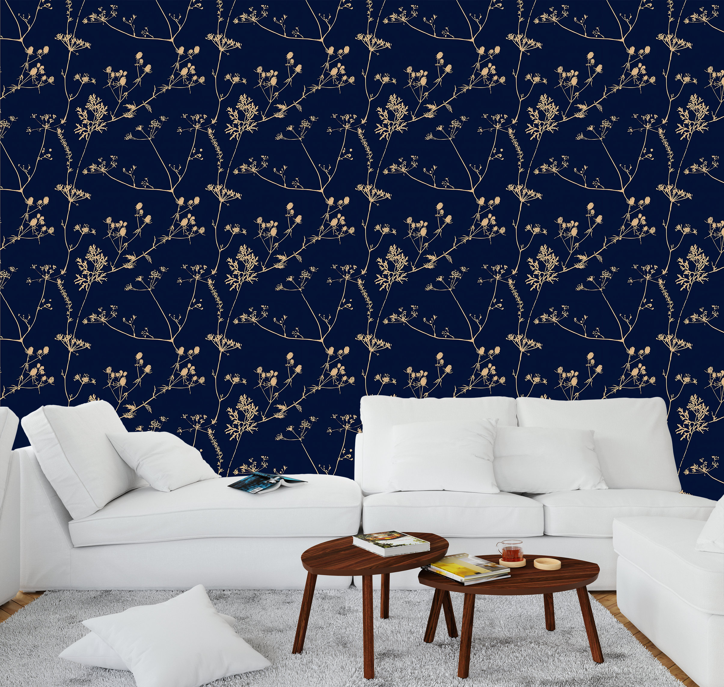 Navy Blue Gold Minimal Floral Wallpaper, Dark Botanical Wallpaper Gold ...