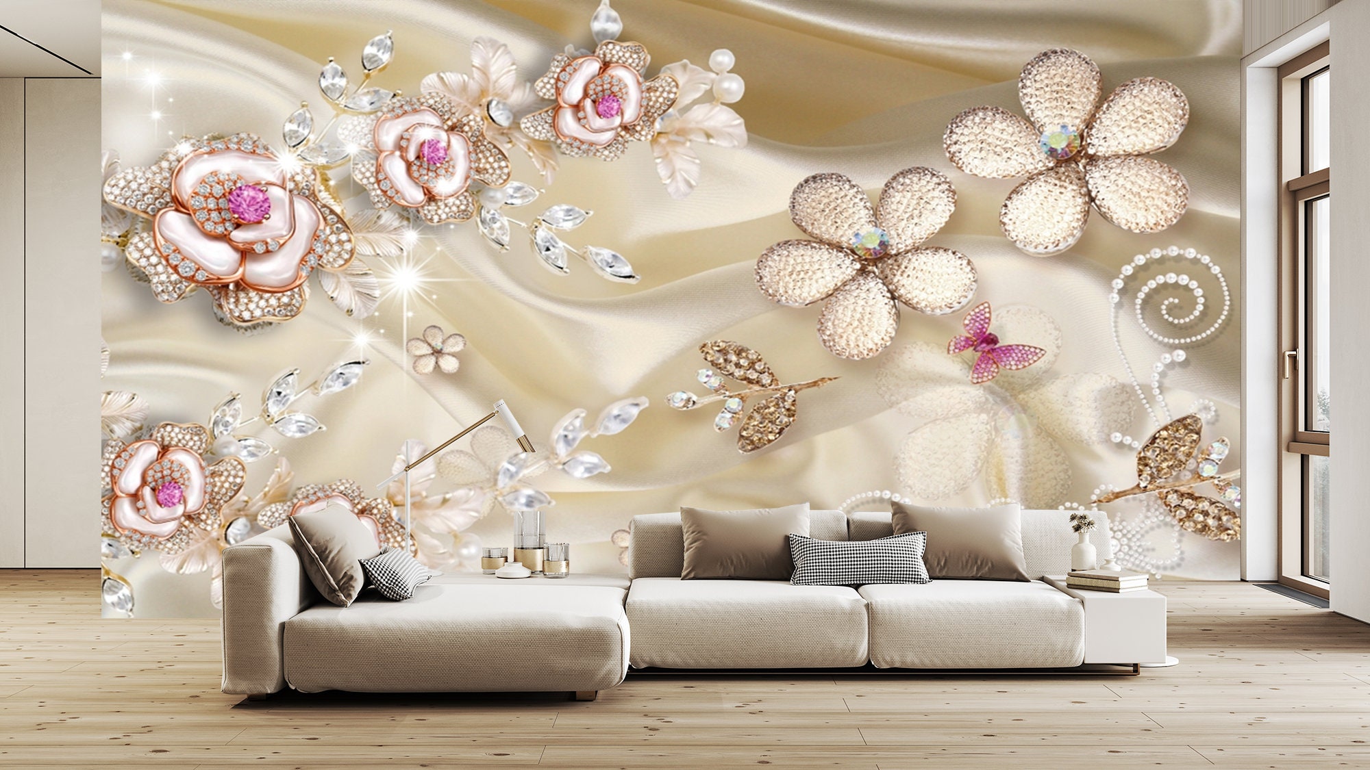 3D Floral Wallpaper Bouquet Flower Blossom Bedroom Living Room Gold ...