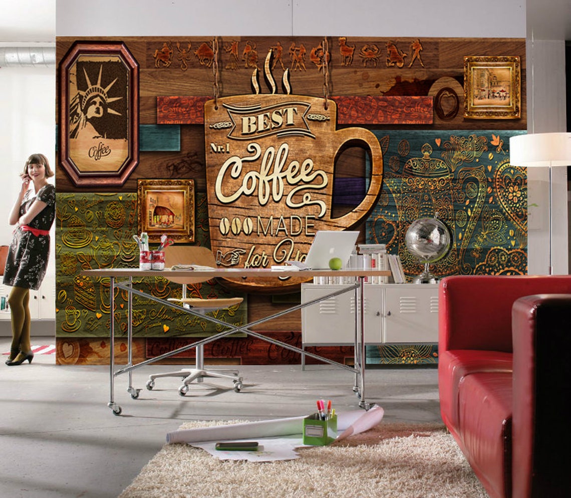 Wooden Background With Gold Details Coffee Shop Wallpaper, Cafe Wall ...