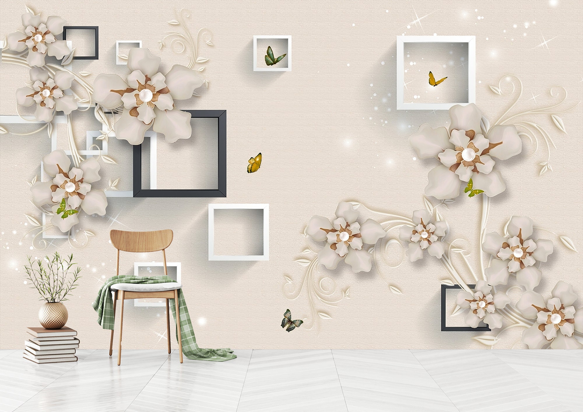 White Floral Decorative Pattern Wallpaper / Peel and Stick / Nonwoven ...