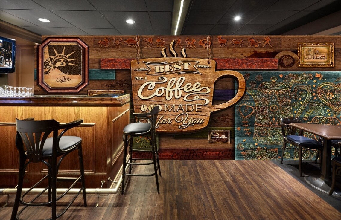 Wooden Background With Gold Details Coffee Shop Wallpaper, Cafe Wall ...