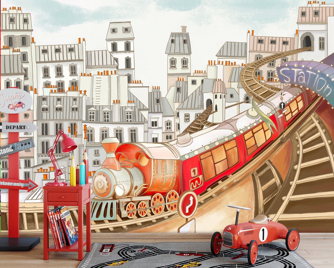 Train in the Town Wallpaper Mural TRAIN Poster | Kids Interior | Wall ...