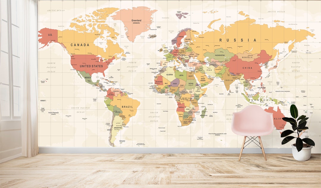 Beige World Map Wallpaper World Map Wallpaper Office Wallpaper | Self ...