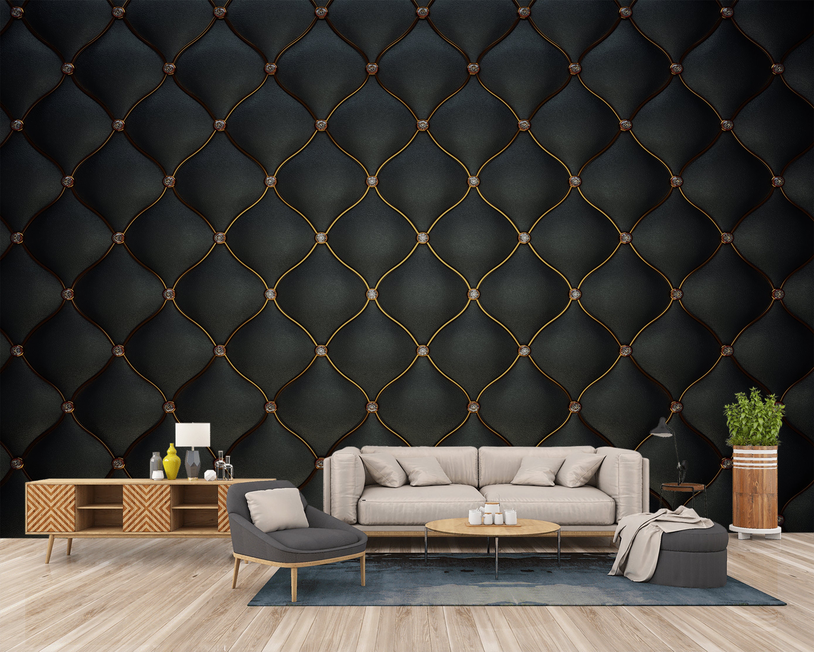 Black Luxury Leather Pattern With Diamonds and Gemstones Peel and Stick ...