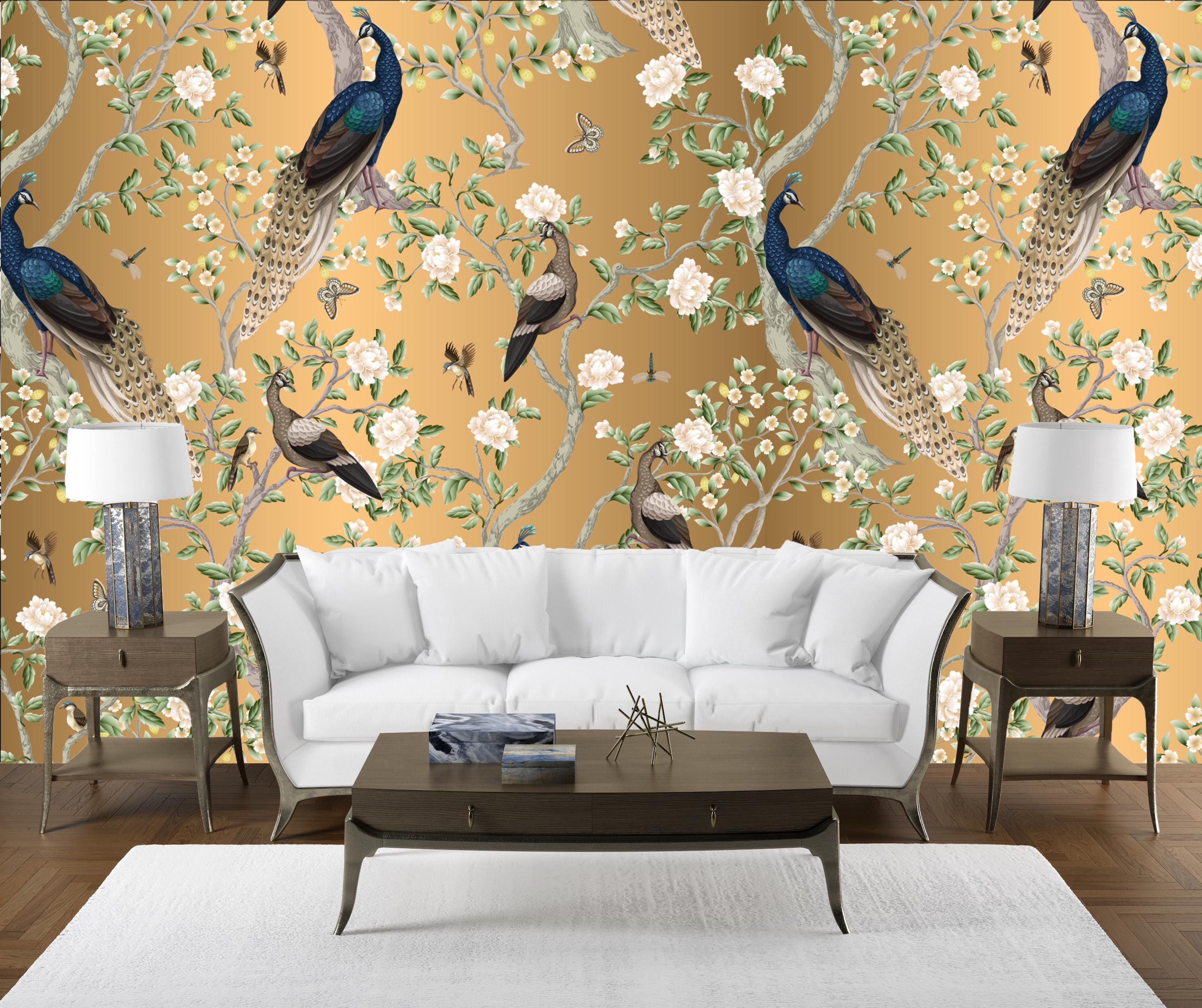 Golden Chinoiserie Wallpaper Mural: Blue Birds, Peacocks, Exotic Garden ...