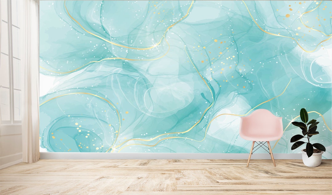 Pastel Cyan Mint Liquid Marble Watercolor 3D Wallpaper, Peel and Stick ...