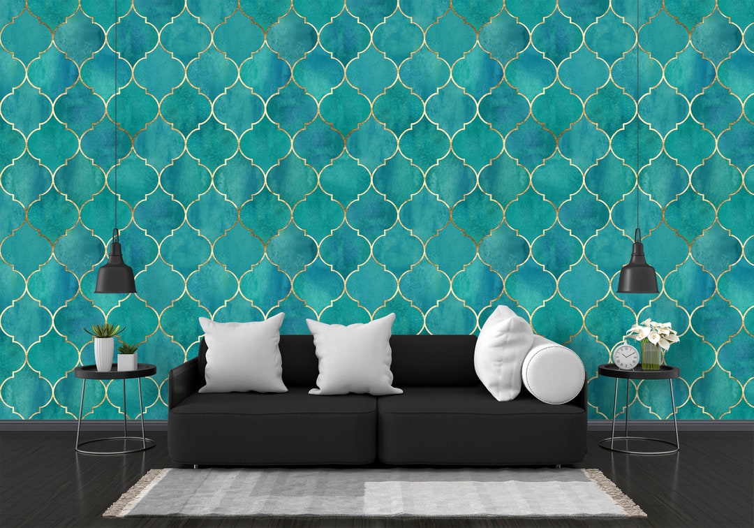 Vintage Moroccan Wallpaper With Gold Line, Teal Background, Watercolor ...