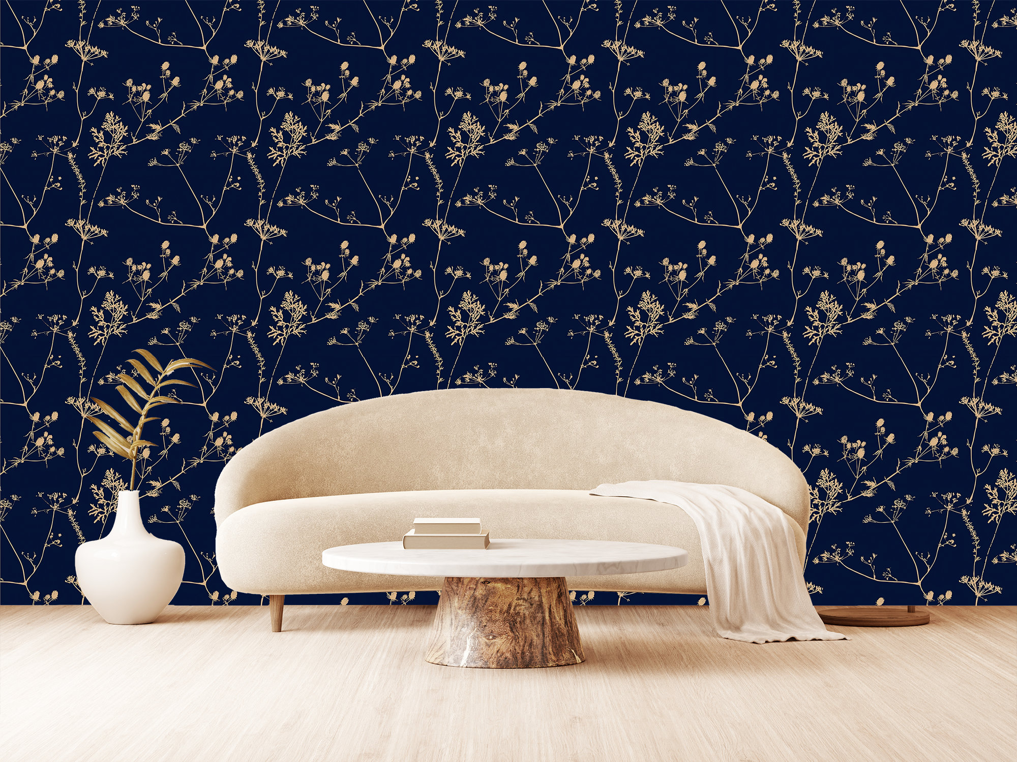 Navy Blue Gold Minimal Floral Wallpaper, Dark Botanical Wallpaper Gold ...