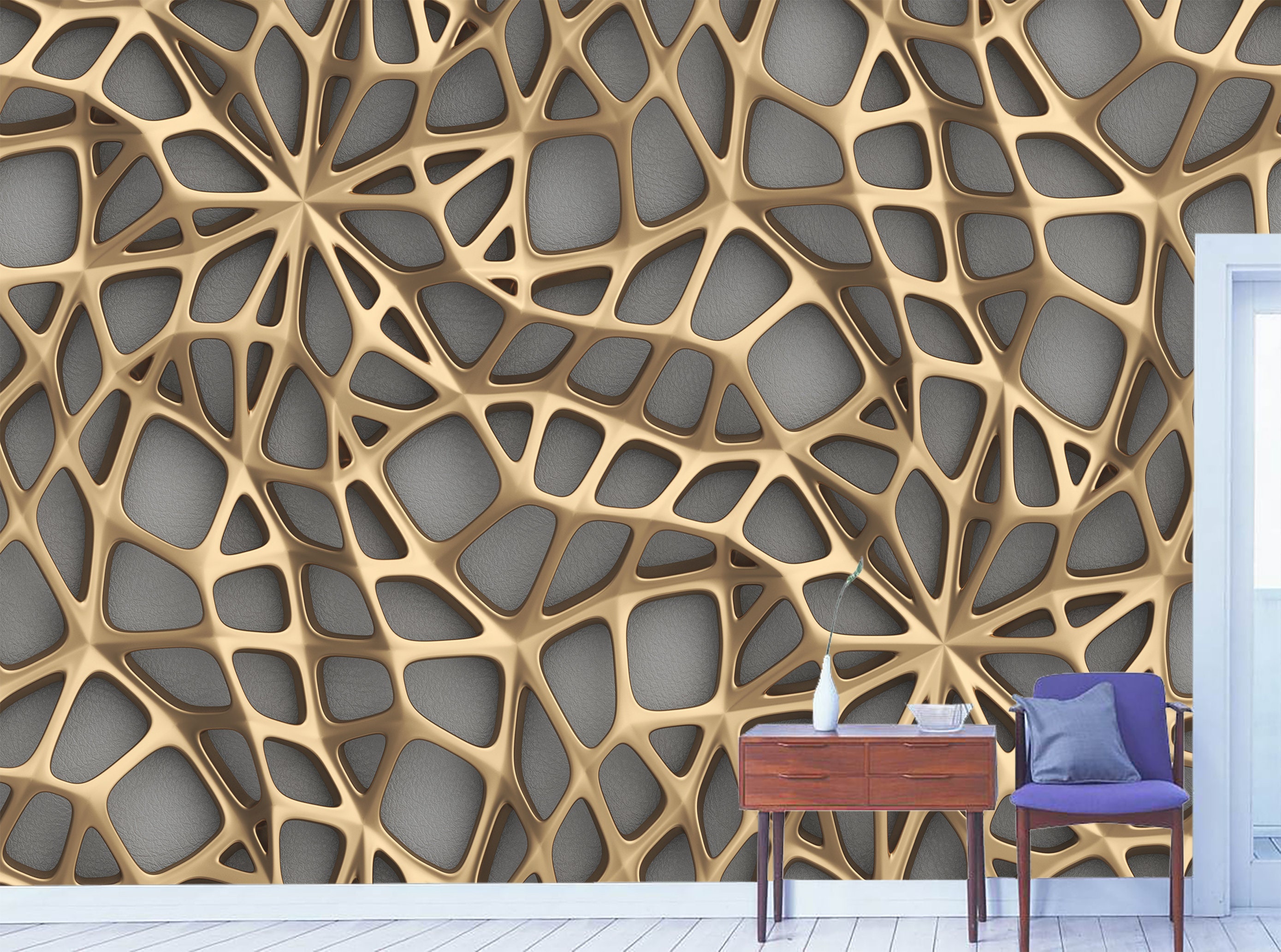 Wallpaper in the Form of a Stylized Golden Grid on a Gray - Etsy