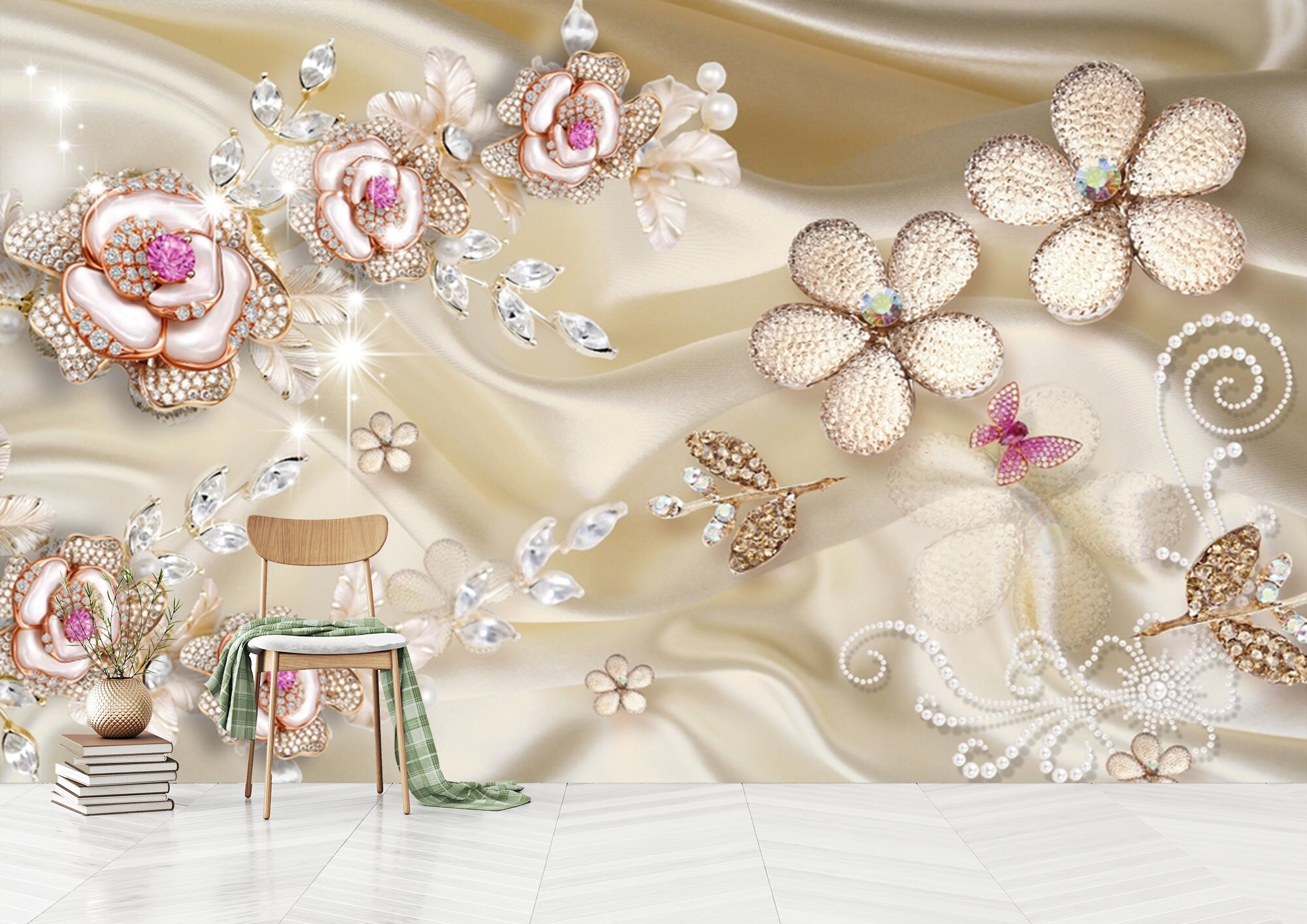 3D Floral Wallpaper Bouquet Flower Blossom Bedroom Living Room Gold ...