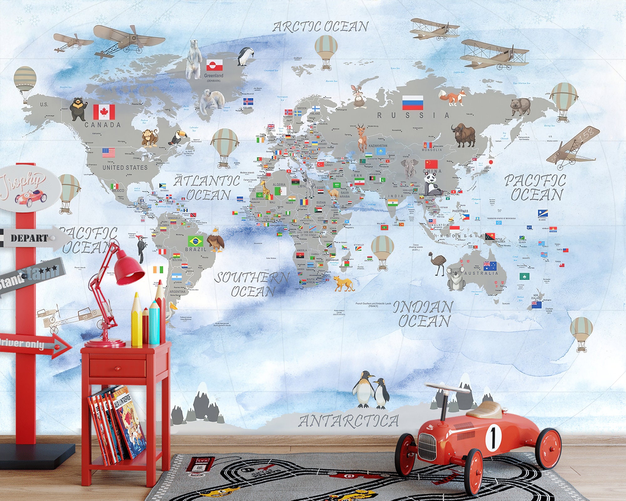 Kids Map Wallpaper Peel and Stick Kids World Map Wall Mural Educational ...