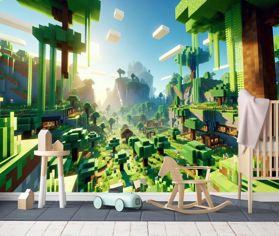 Blocky Nature Wallpaper Landscape Print for Kids Bedroom or Playroom ...