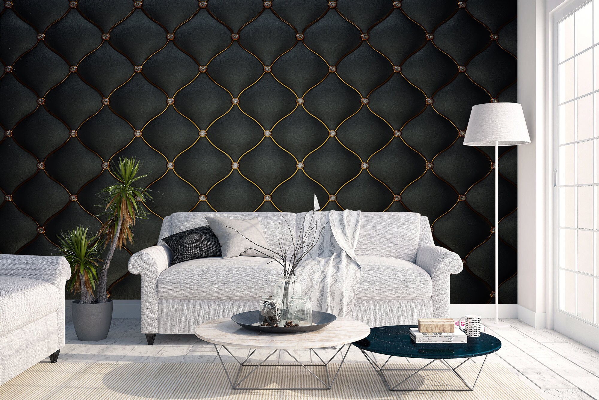 Black Luxury Leather Pattern With Diamonds and Gemstones Peel and Stick ...