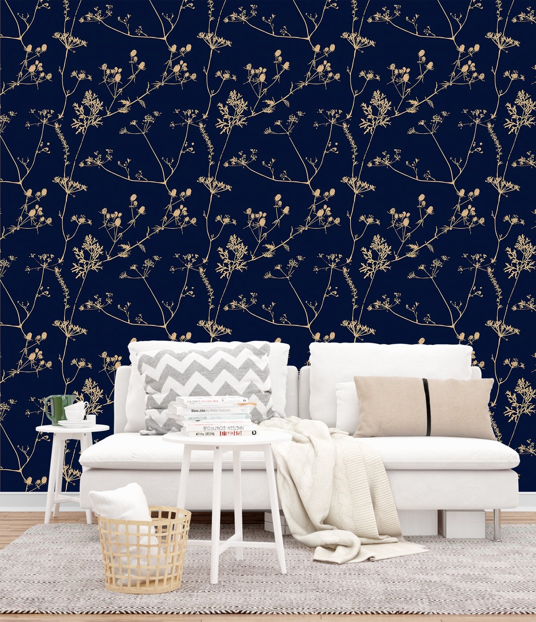 Navy Blue Gold Minimal Floral Wallpaper, Dark Botanical Wallpaper Gold ...