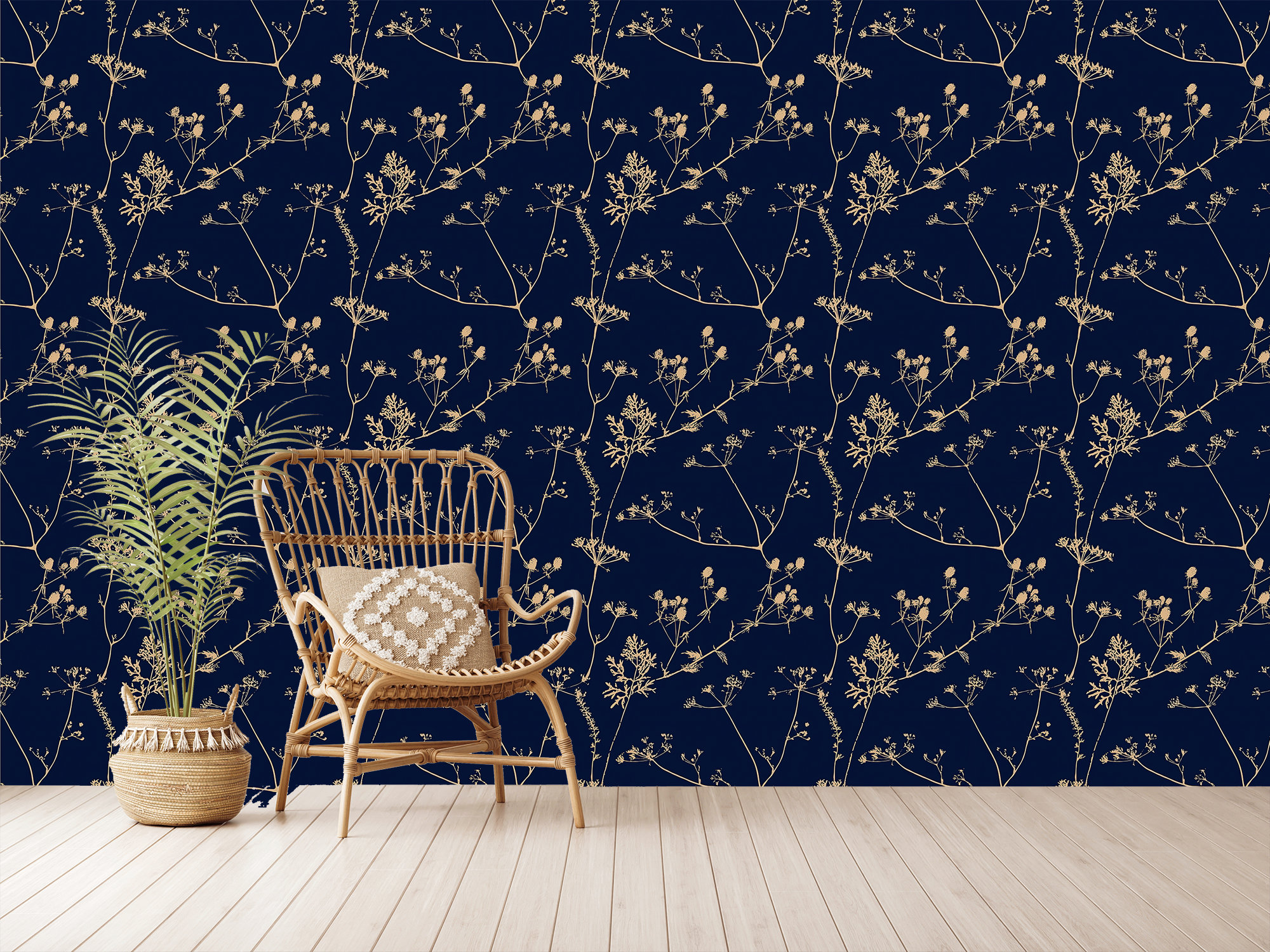 Navy Blue Gold Minimal Floral Wallpaper, Dark Botanical Wallpaper Gold ...