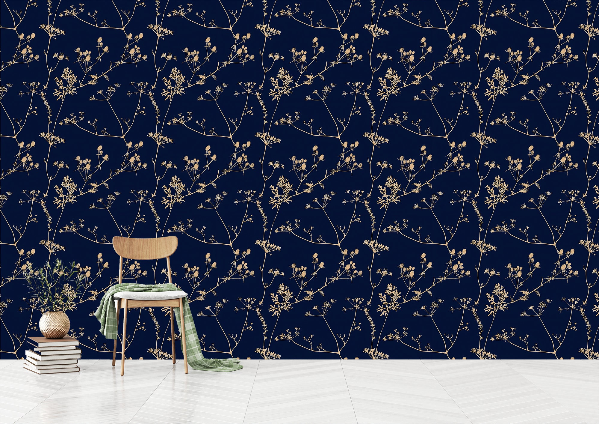 Navy Blue Gold Minimal Floral Wallpaper, Dark Botanical Wallpaper Gold ...