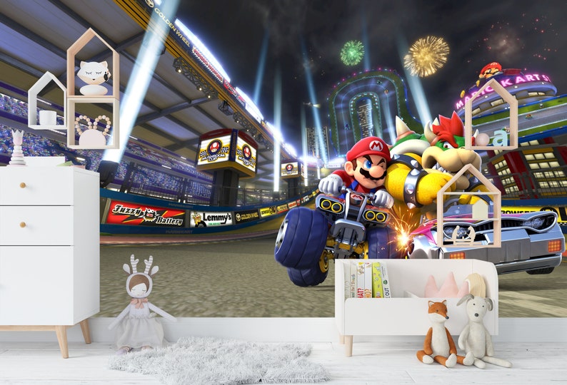 Mario Bros Wallpaper, Mario Go Cart Racing Wallpaper Peel and Stick ...