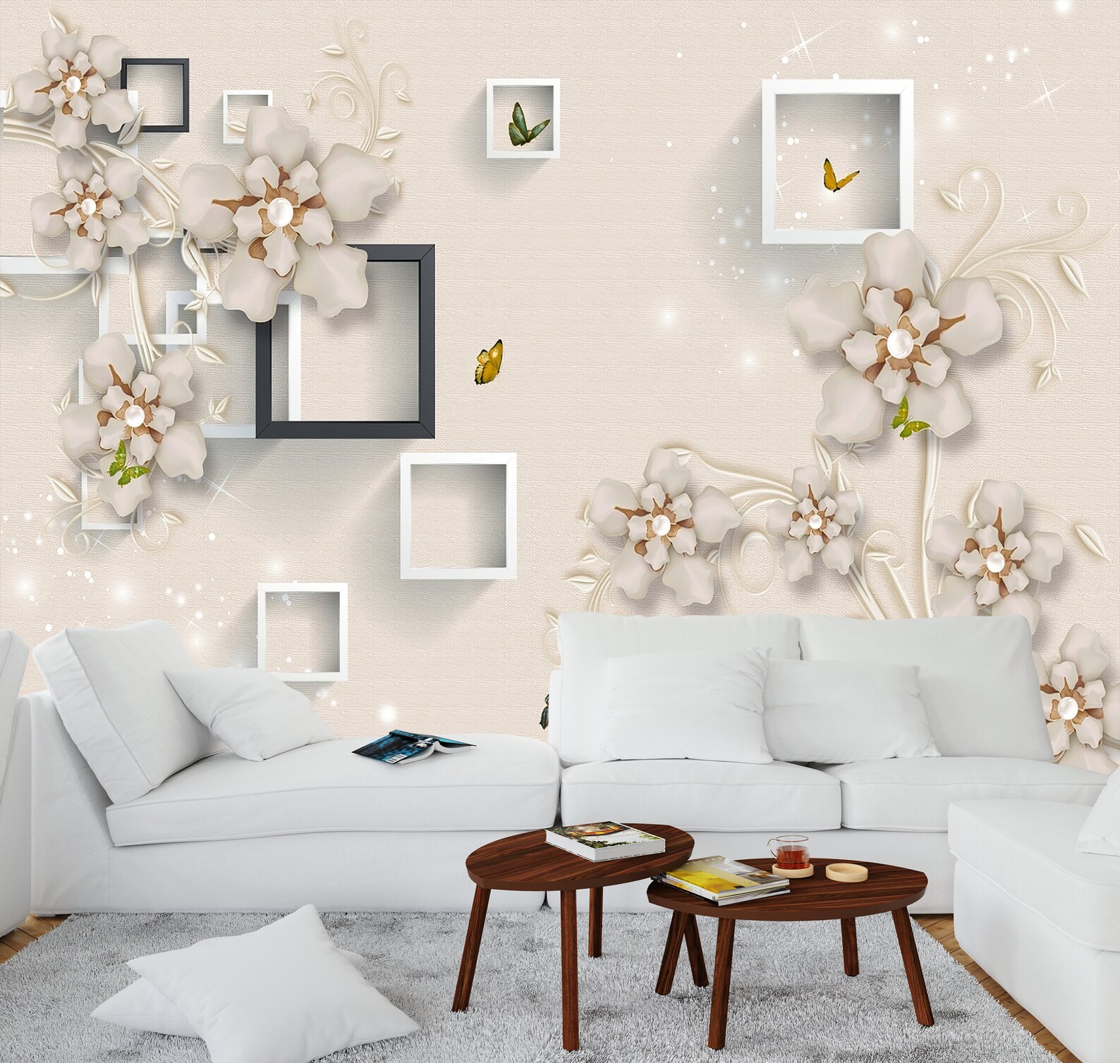 White Floral Decorative Pattern Wallpaper / Peel and Stick / Nonwoven ...