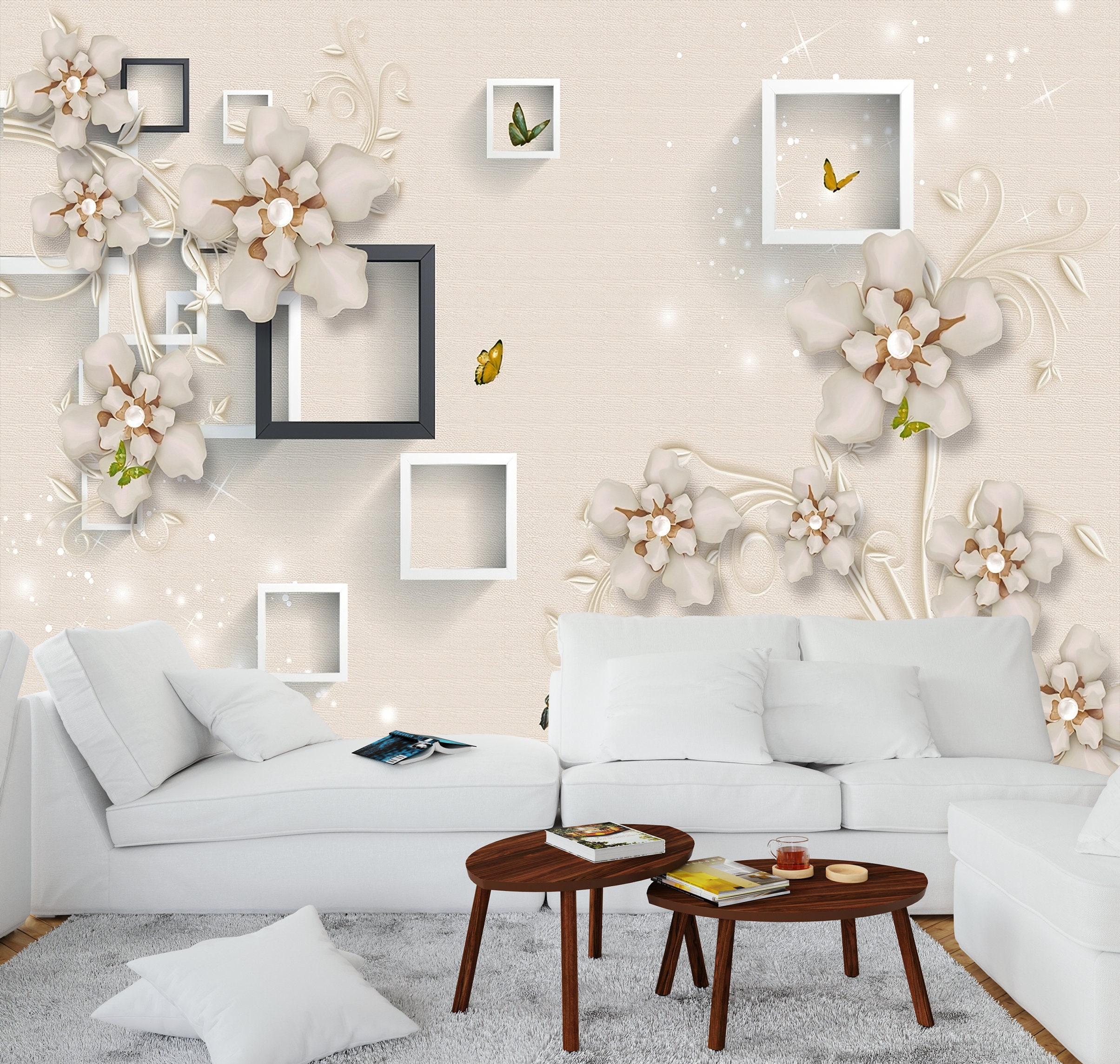 White Floral Decorative Pattern Wallpaper / Peel and Stick / Nonwoven ...