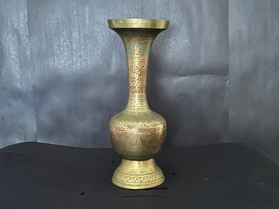 Vntg Brass Ornate Vase W/ Red and Blue Inlay - Etsy