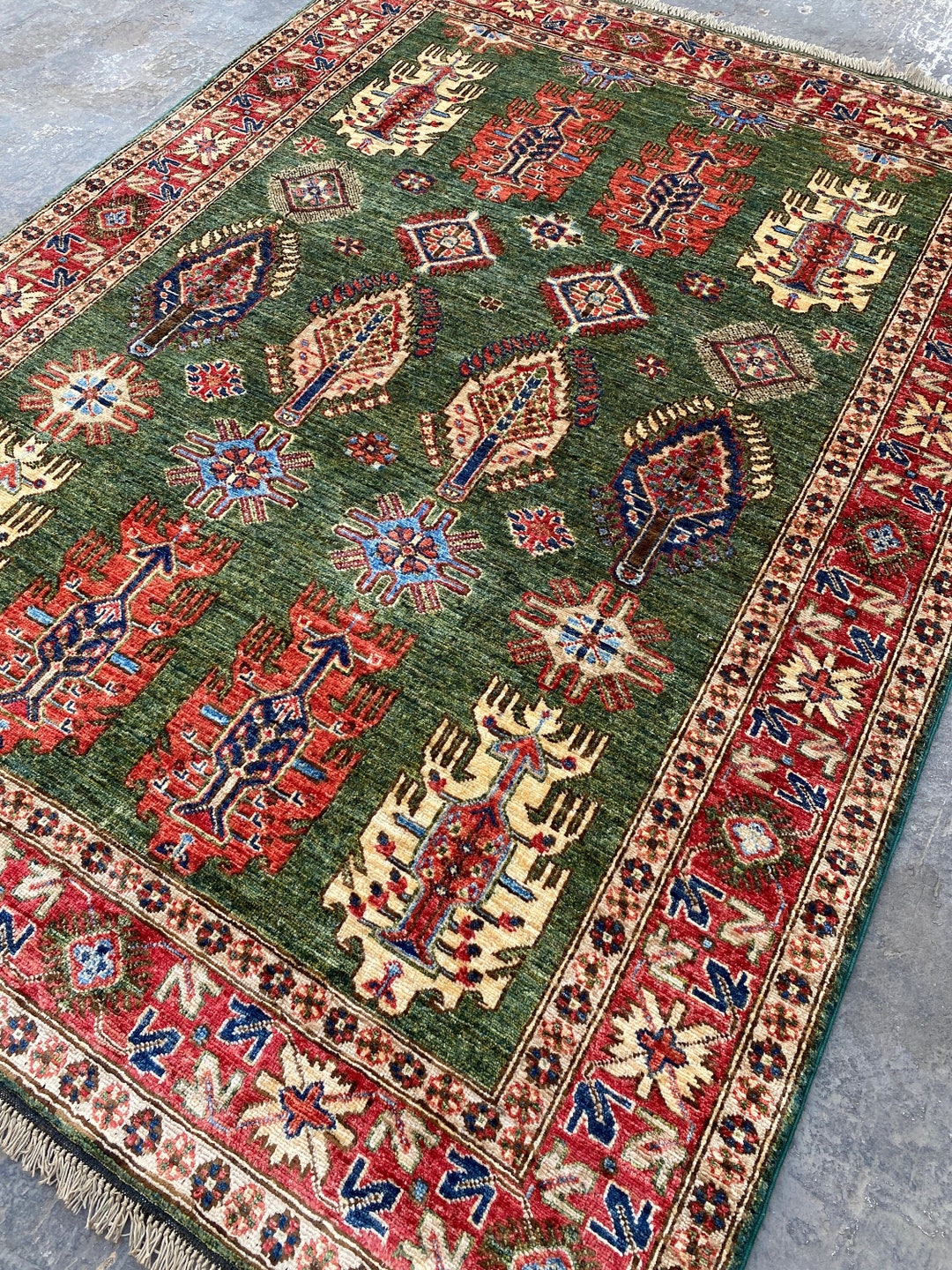 5x6 Hand-knotted Green Area Rug, Ersari Design, 150x200cm Handmade ...