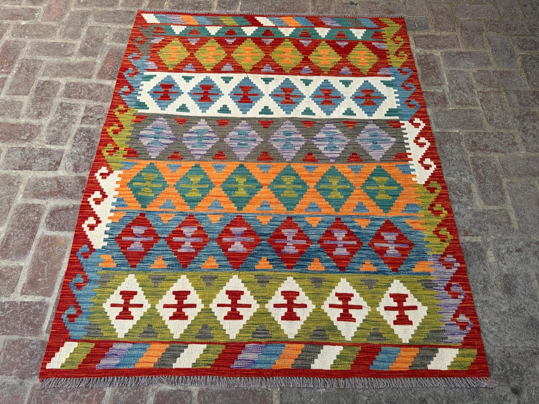 5x6 Kilim Wool Flatweave Rug – Handmade Tribal Carpet – Rustic Boho ...