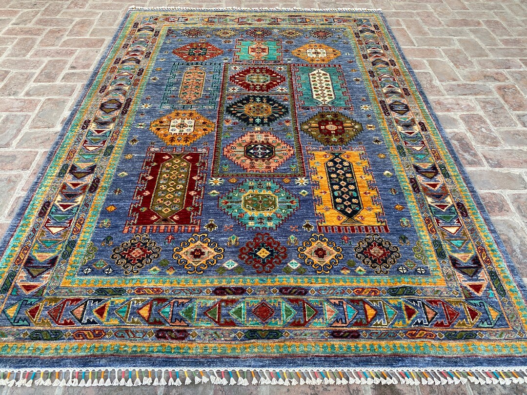 6x8 Hand Knotted Colourful Area Rug, Waziri Design, 180x240cm Vegetable ...