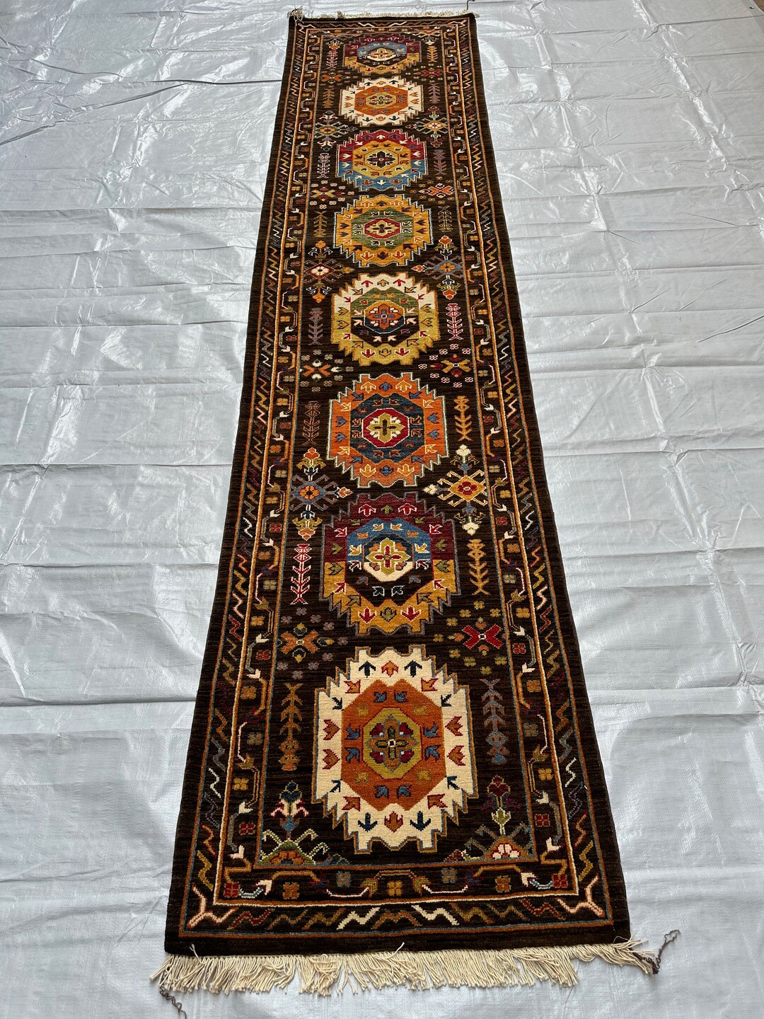 12ft Dark Brown Tribal Runner Rug Vegetable Dyed Afghan Hand-knotted ...