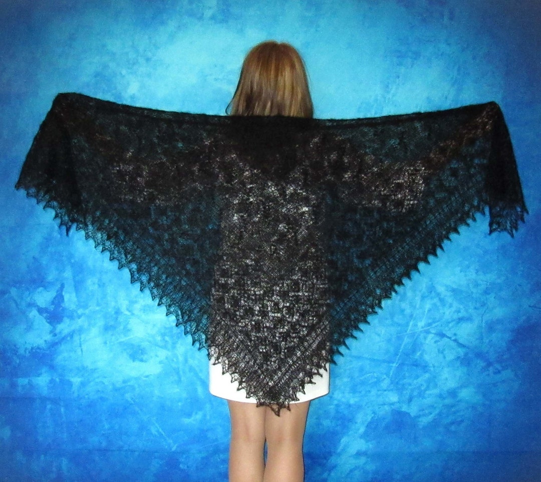 Black Russian Shawl With Embroidery, Orenburg Wool Wrap, Hand Knit ...