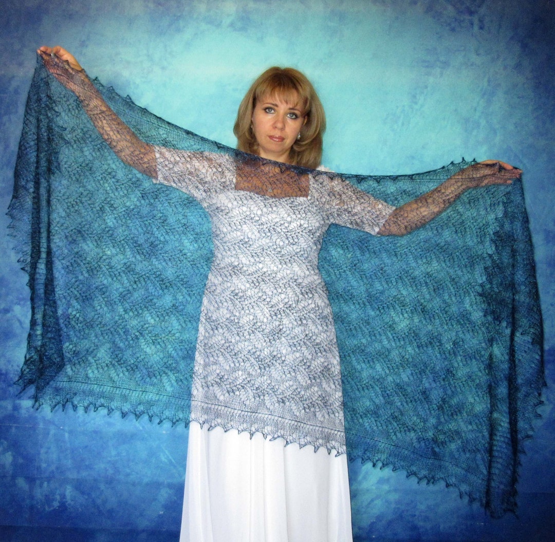 Hand Knit Dark Navy Blue Scarf, Handmade Russian Orenburg Shawl, Goat ...