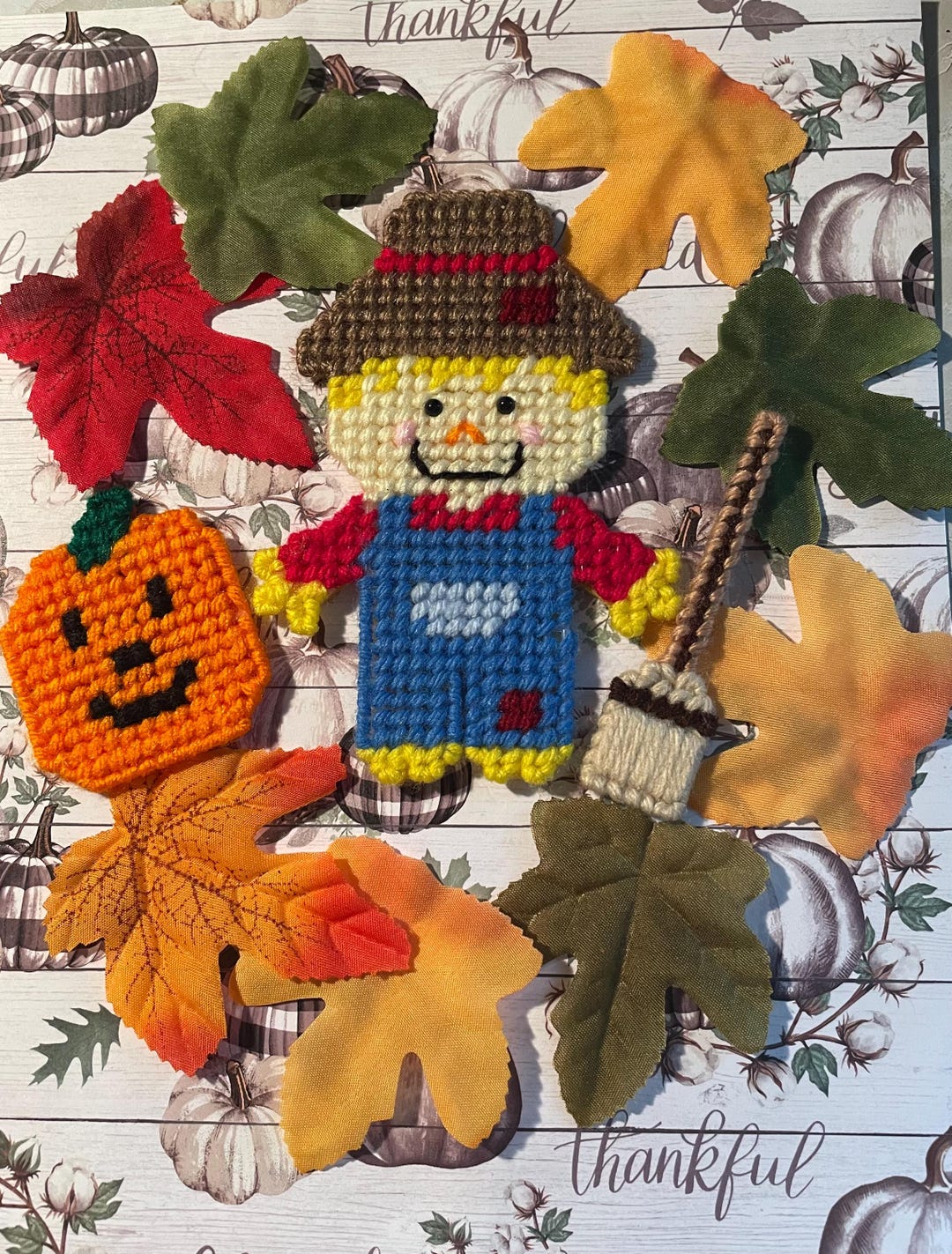 Plastic Canvas Scarecrow W/ Pumpkin and Broom Magnets - Etsy