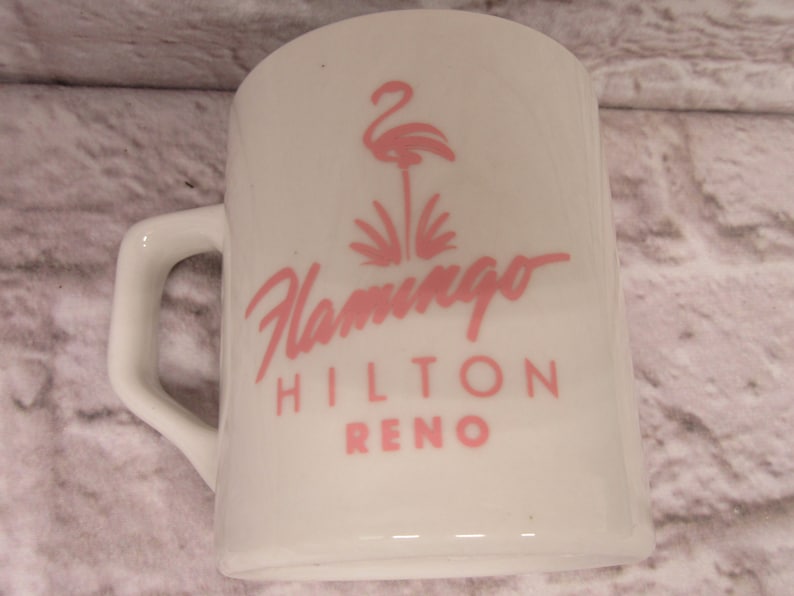 Vintage Flamingo Hilton Reno Pink Coffee Ceramic Mug Hotel Advertising ...