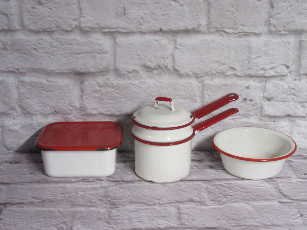 Vintage Red White Enamelware 6 Pieces Double Broiler - Etsy