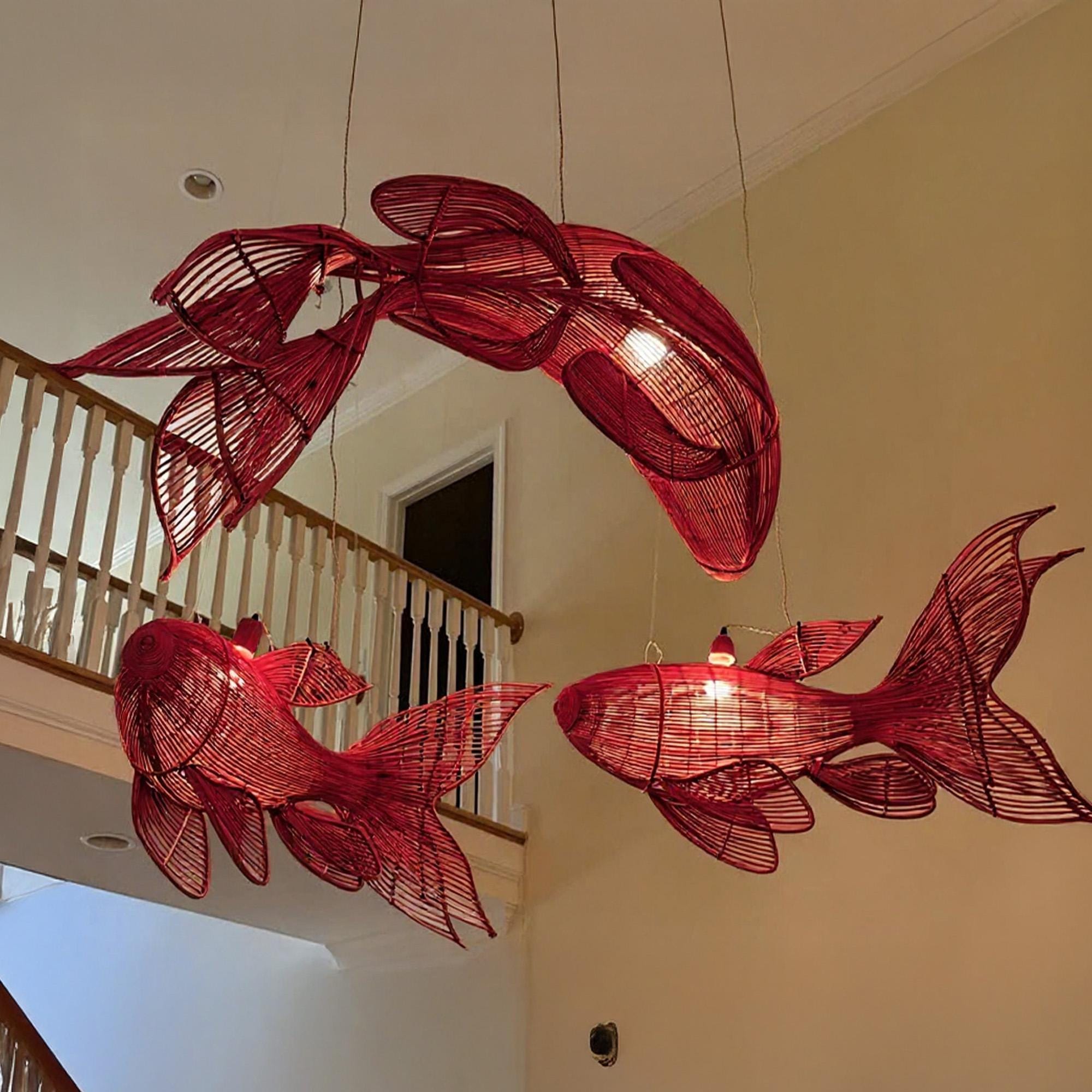 Rattan Fish Pendant Light Woven Wicker Chandelier Lighting Fish Bamboo ...