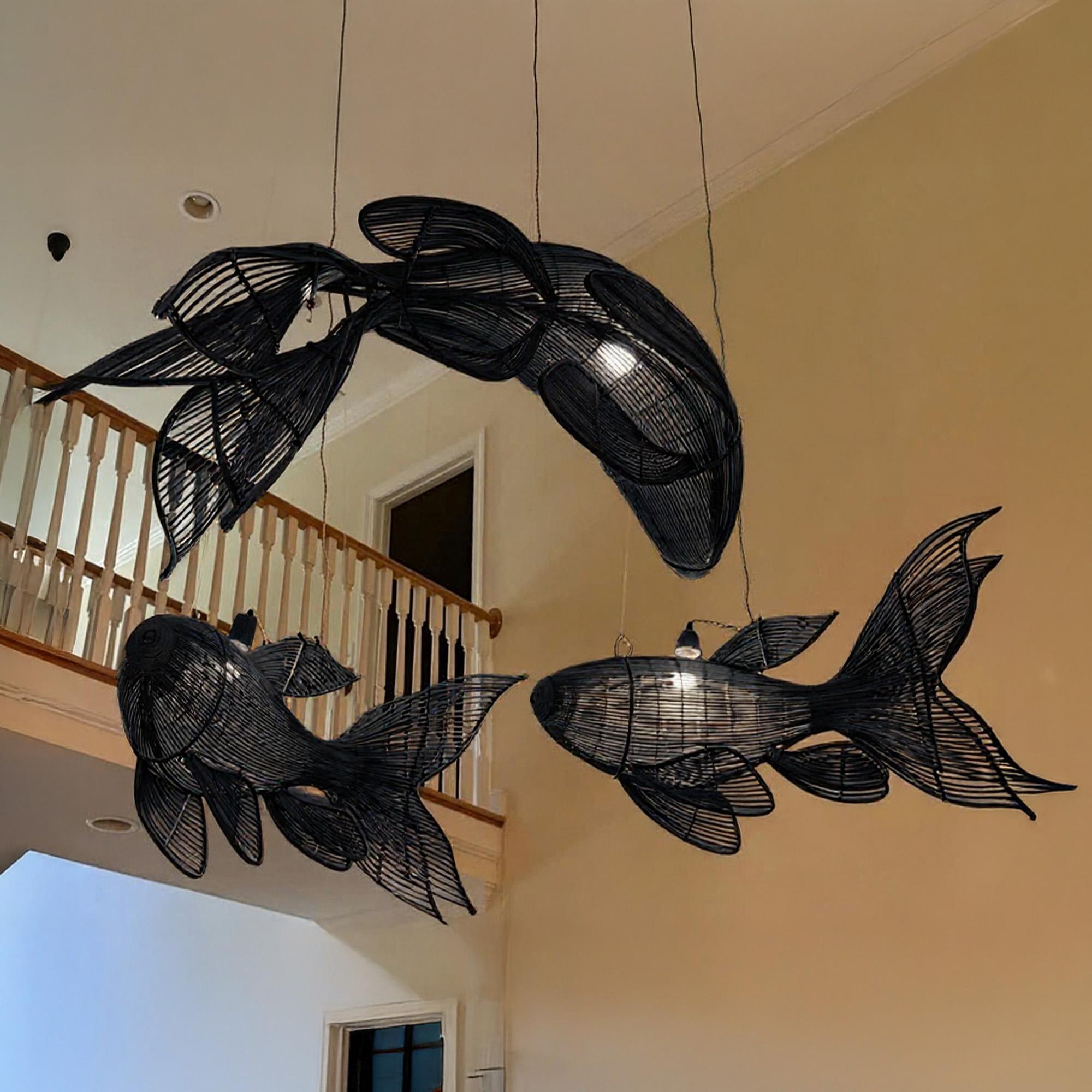 Rattan Fish Pendant Light Woven Wicker Chandelier Lighting Fish Bamboo ...