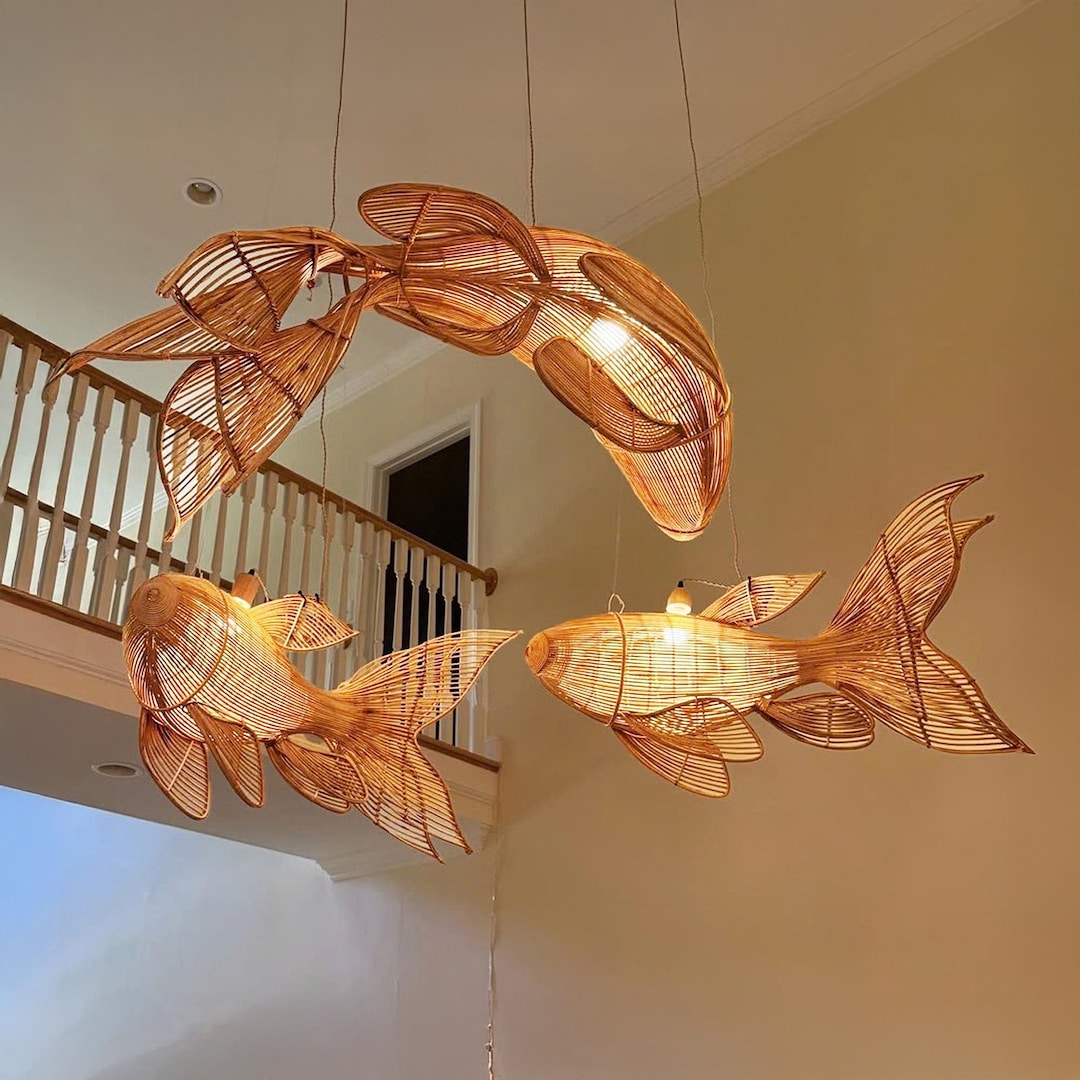 Rattan Fish Pendant Light Woven Wicker Chandelier Lighting Fish Bamboo ...