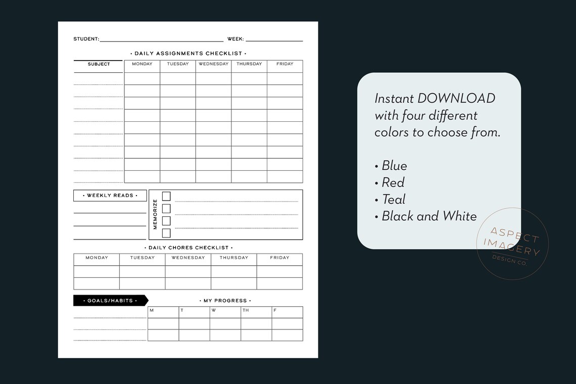 Printable Student Weekly Planner Daily Checklist Student - Etsy